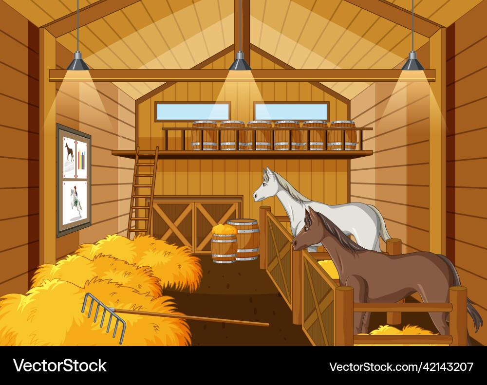 Stable scene with two horses resting Royalty Free Vector