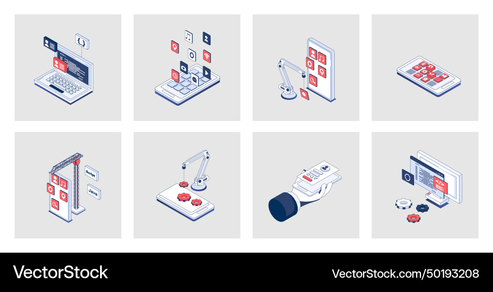 App development concept of isometric icons in 3d Vector Image