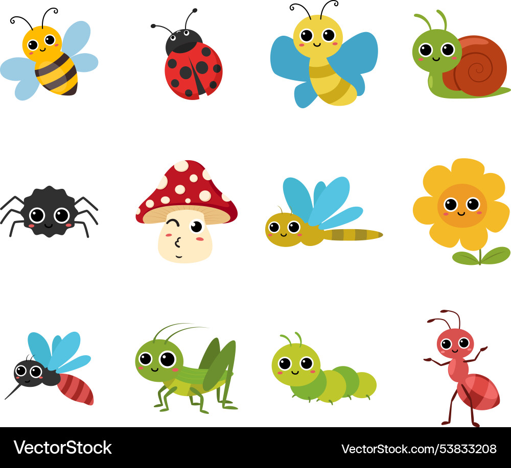 Cute bugs and insects cartoon characters Vector Image