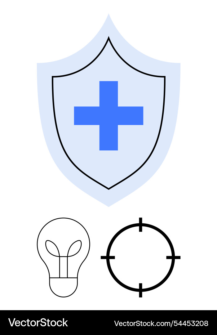 Shield with blue cross lightbulb and target aim Vector Image