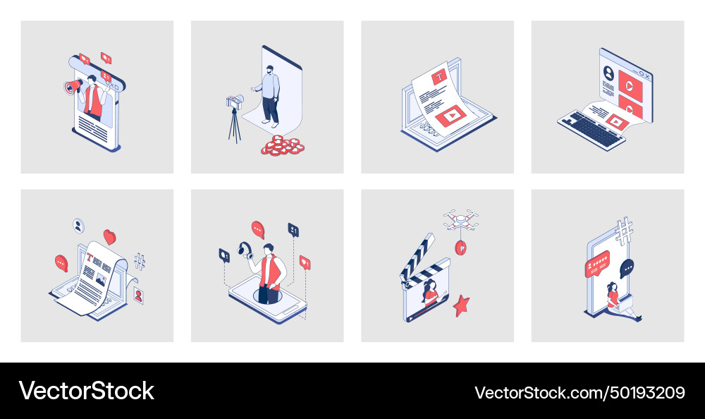 Blogging concept of isometric icons in 3d isometry