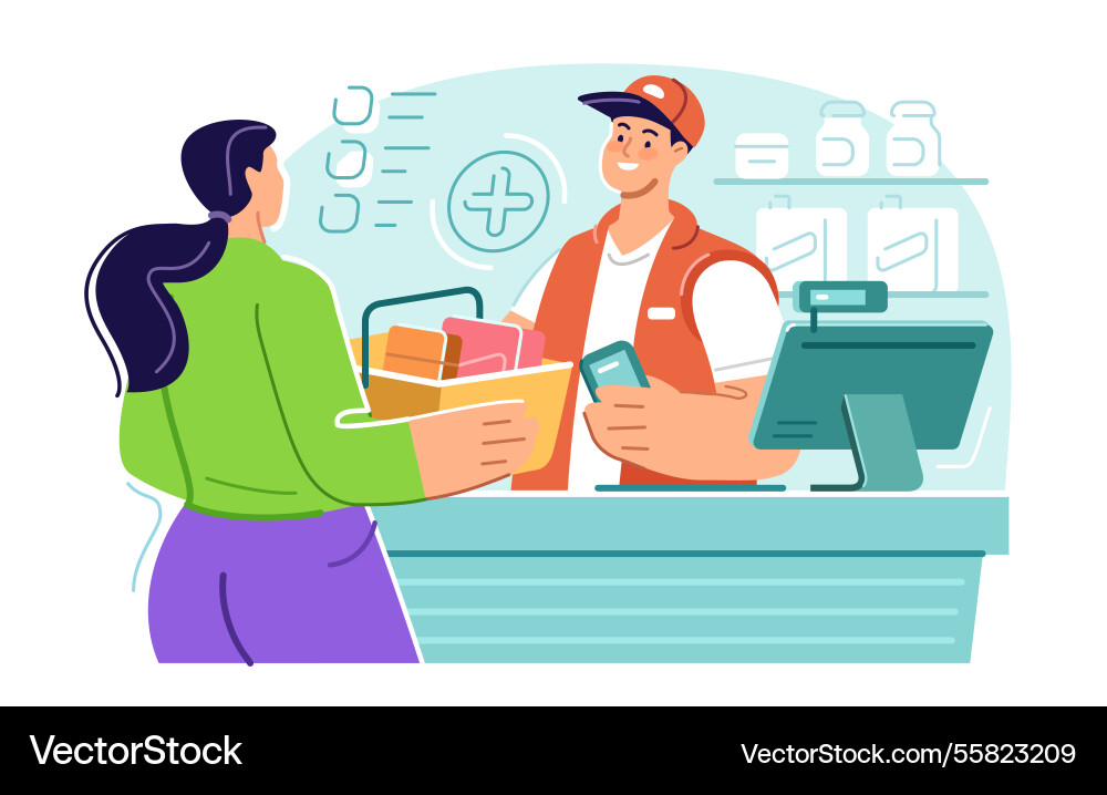 Customer with shopping basket at checkout Vector Image