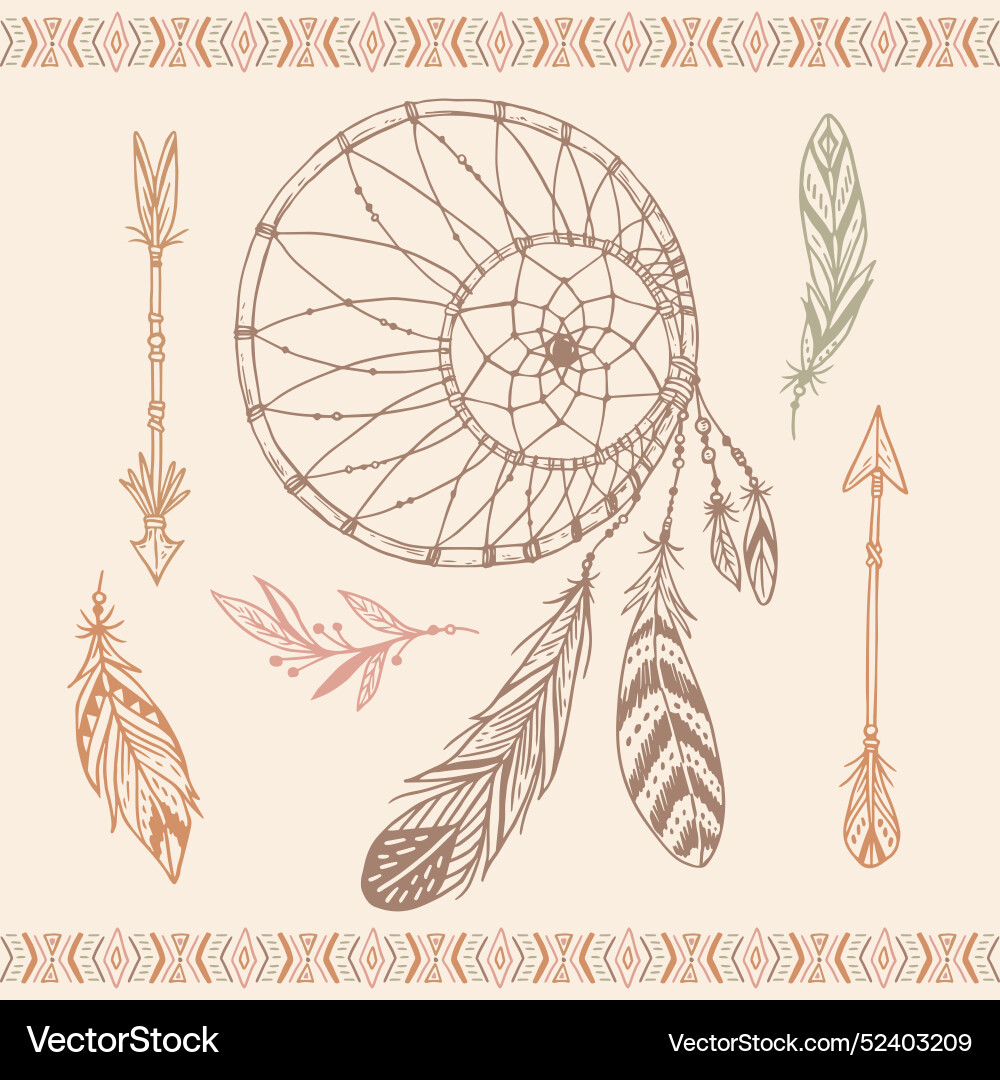 Engraving hand drawn boho elements collection Vector Image