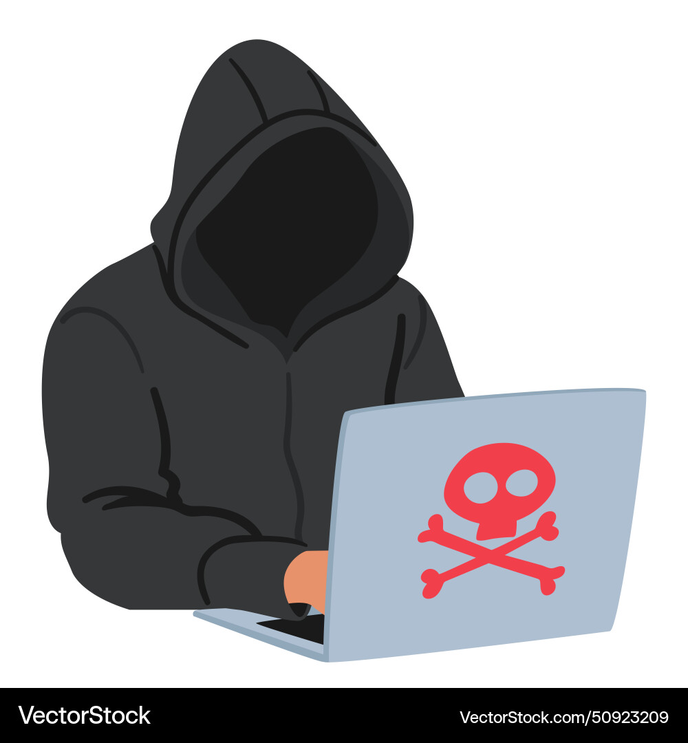 Shadowy hacker figure cloaked in a hood types Vector Image