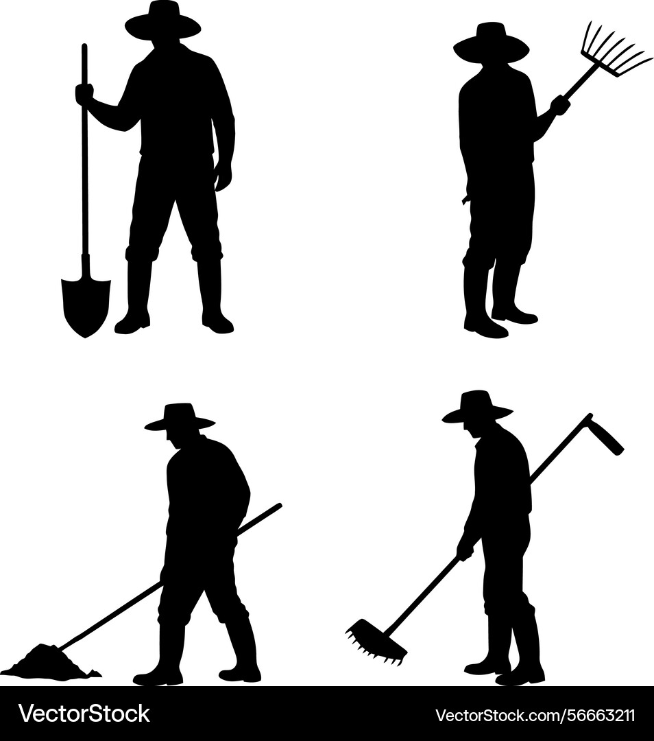 Farmer silhouette set holding shovel rake hoe Vector Image