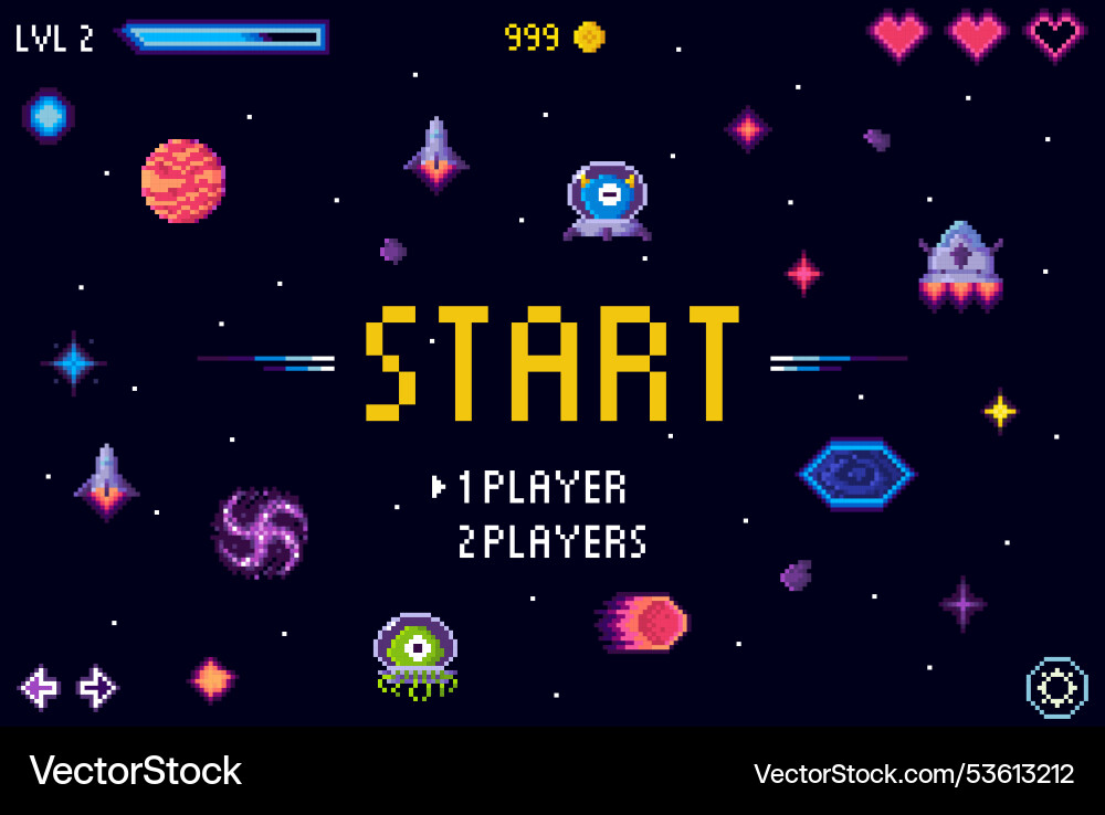 Retro space-themed start screen for a pixel arcade