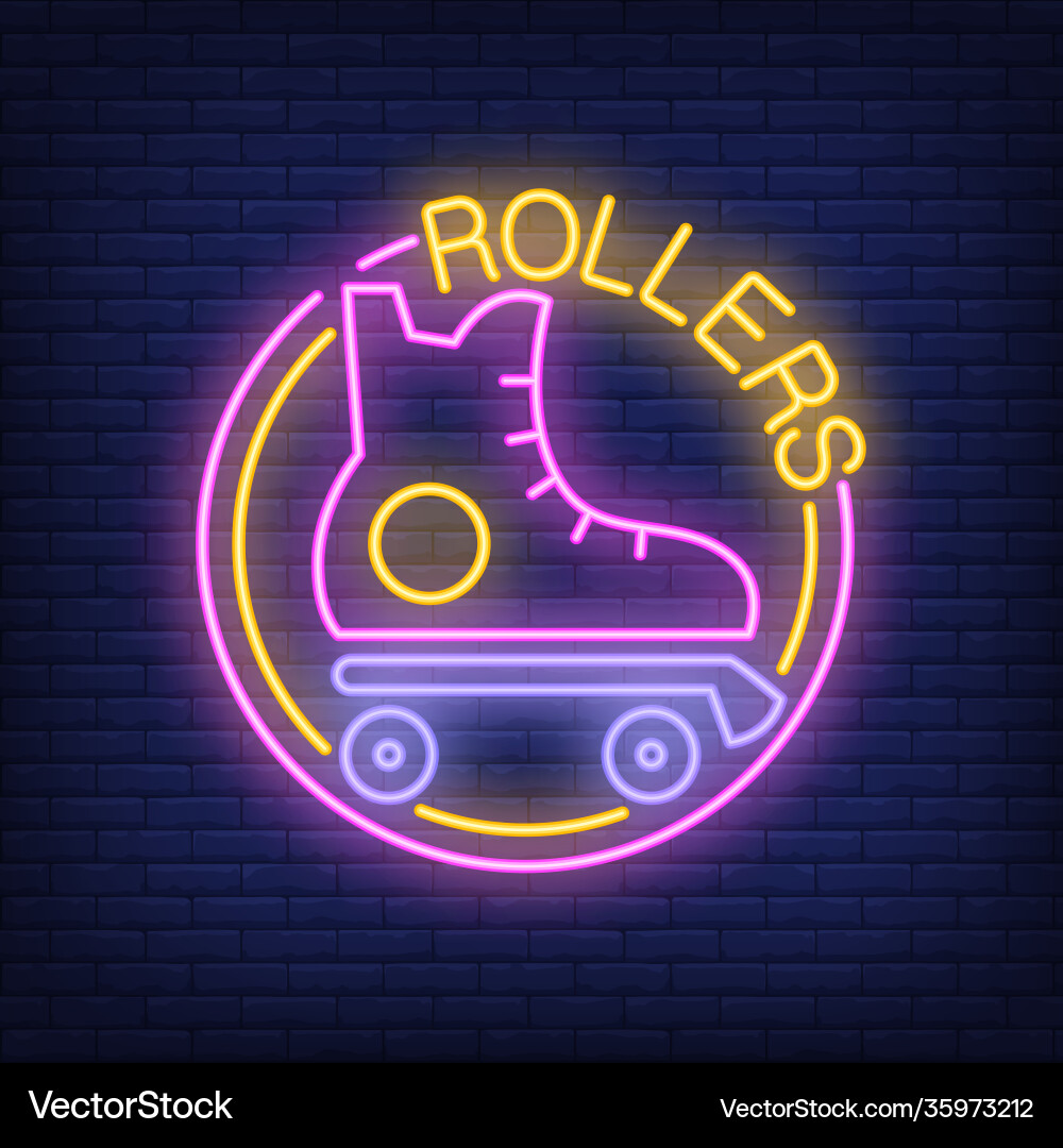 Rollers neon word with roller skate logo Vector Image