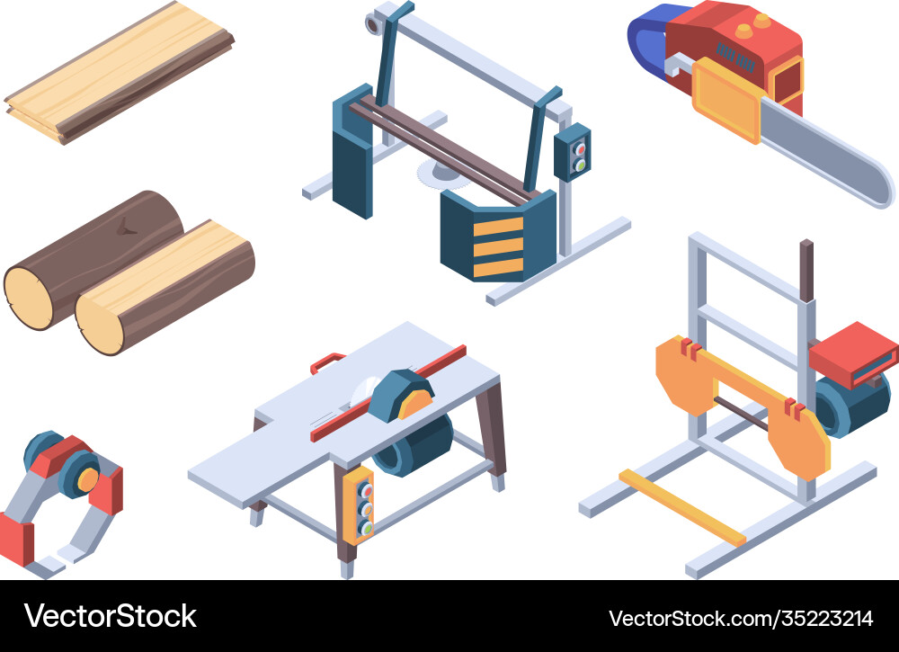Lumber isometric sawmill items and workers wood Vector Image