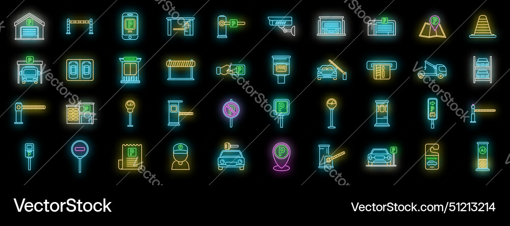 Paid parking icons set neon Royalty Free Vector Image