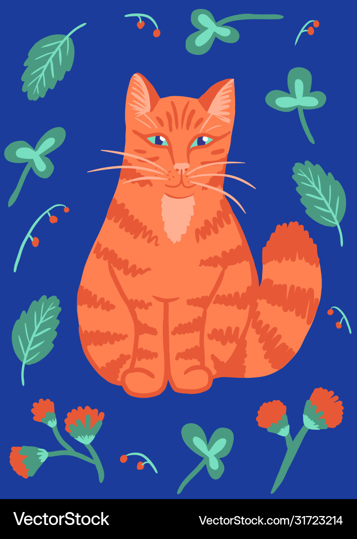 Red cat with flowers Royalty Free Vector Image