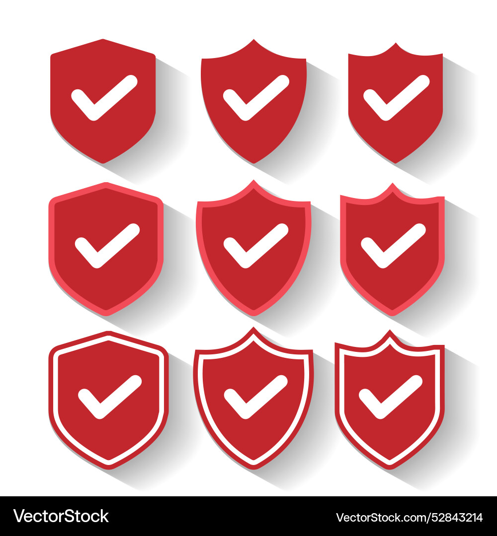Set red shield icon with a checkmark Royalty Free Vector