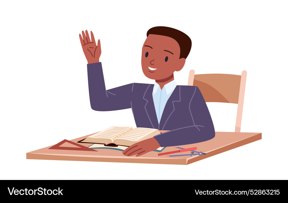 Happy young student raises hand to answer teacher Vector Image