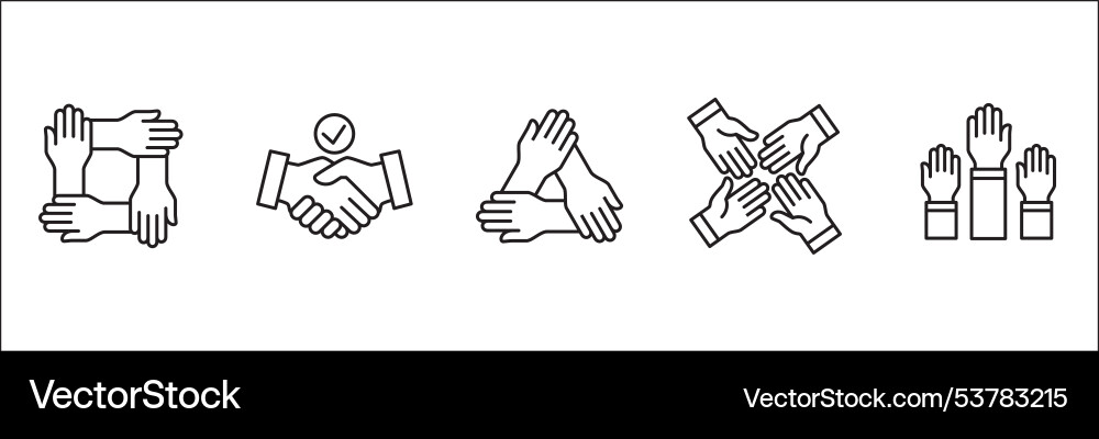 Teamwork icon cooperation hands set Royalty Free Vector