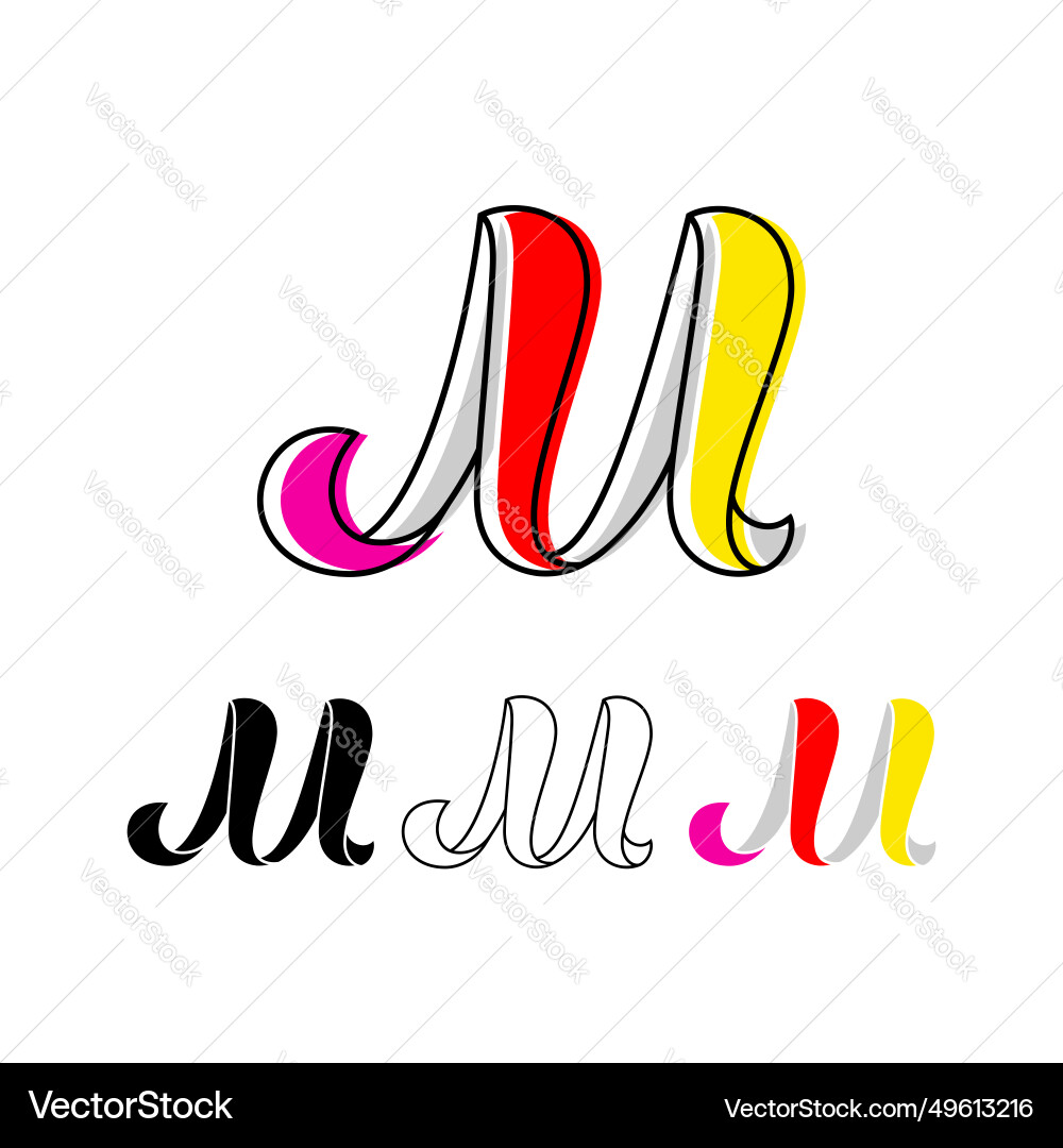 Colored curvy letter m handwritten script alphabet