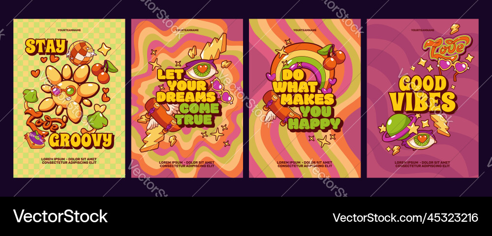 Retro groovy vibe posters with motivation phrases Vector Image