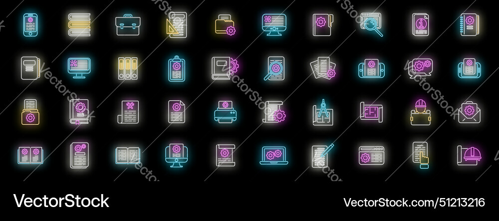 Technical document icons set neon Royalty Free Vector Image