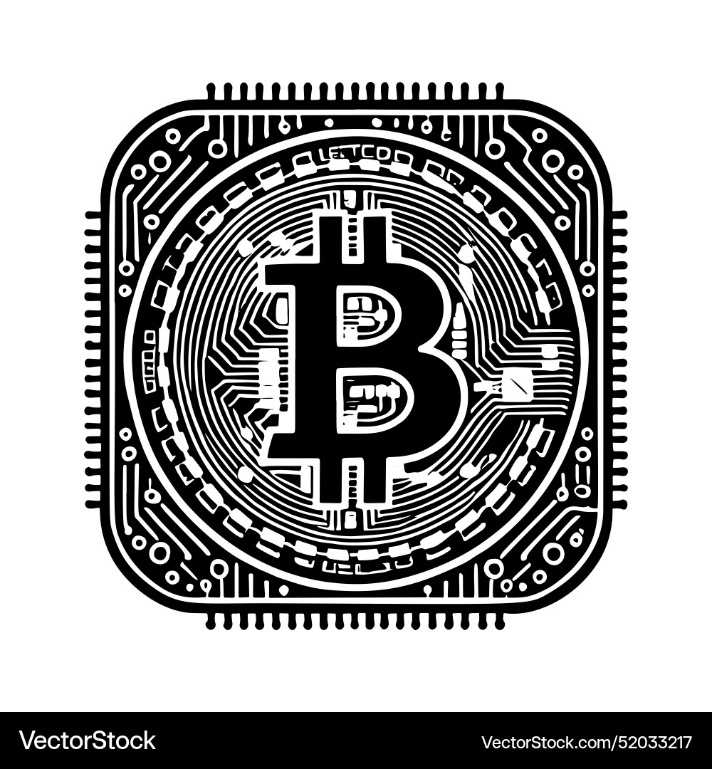 Black and white bitcoin symbol with computer chip Vector Image