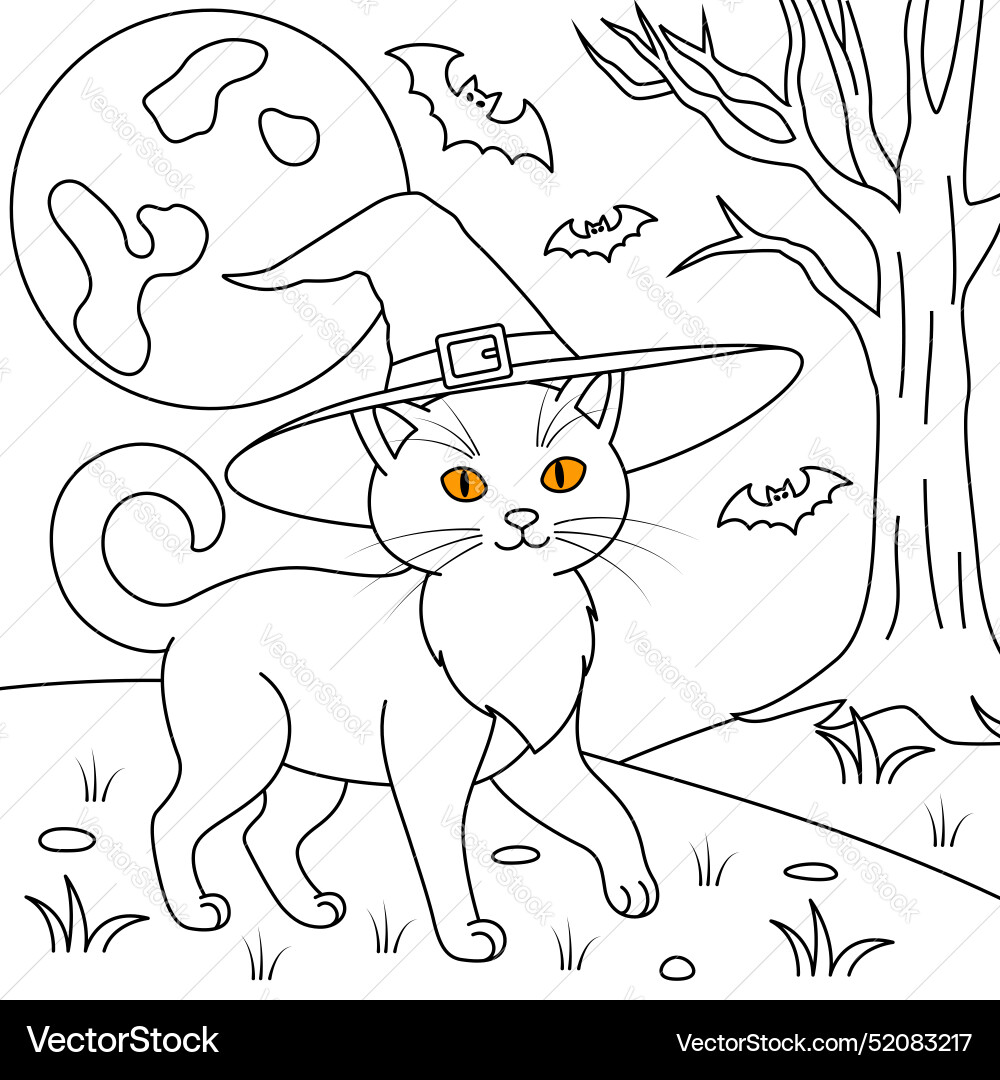 Black cat on the moonlight halloween outline Vector Image