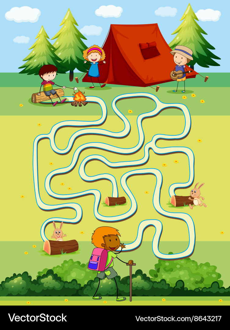 Game template with children camping in the field Vector Image