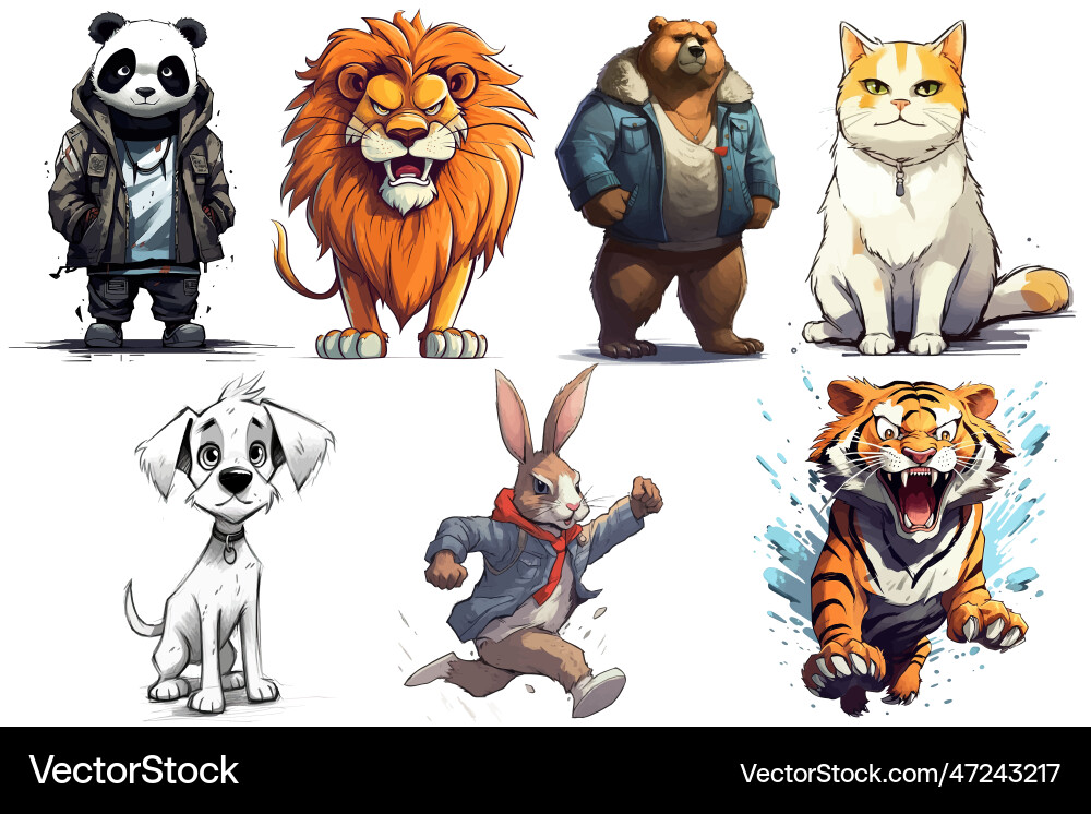 Lion dog hare bear panda tiger cat cute Royalty Free Vector