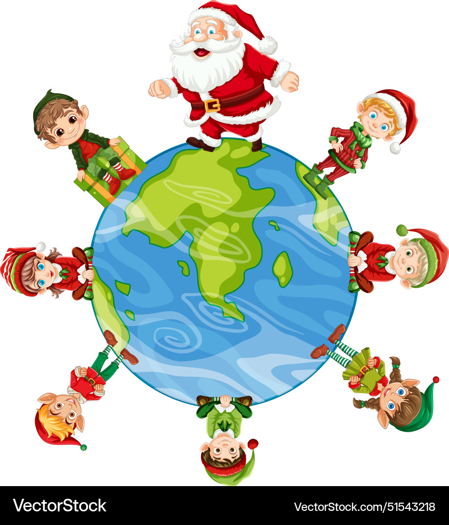 Santa and elves standing on earth Royalty Free Vector Image
