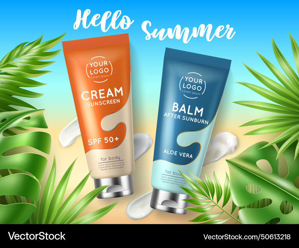 Sunscreen creams summer cosmetic advertising Vector Image