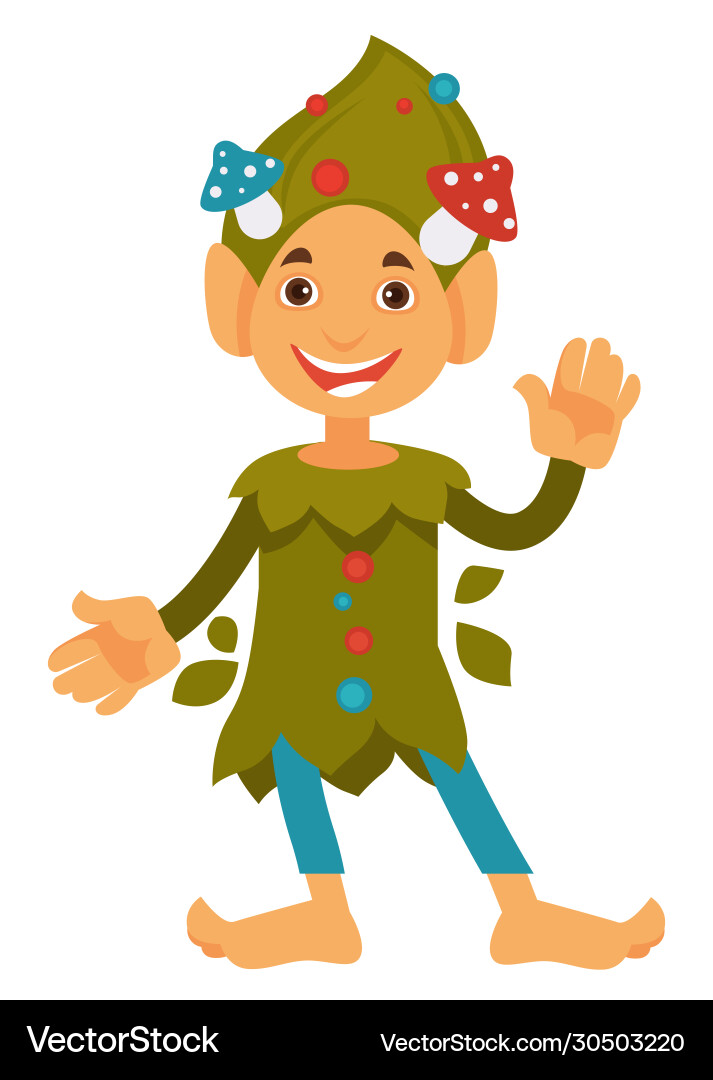 Friendly dwarf waving hand gnome with mushrooms Vector Image