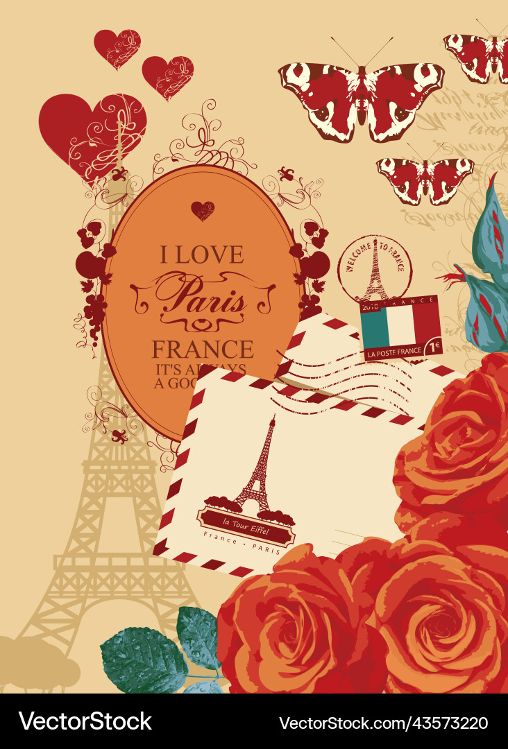 Paris banner with eiffel tower roses and envelope Vector Image