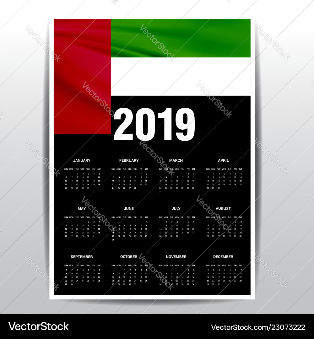 Calendar 2019 uae flag background english language
