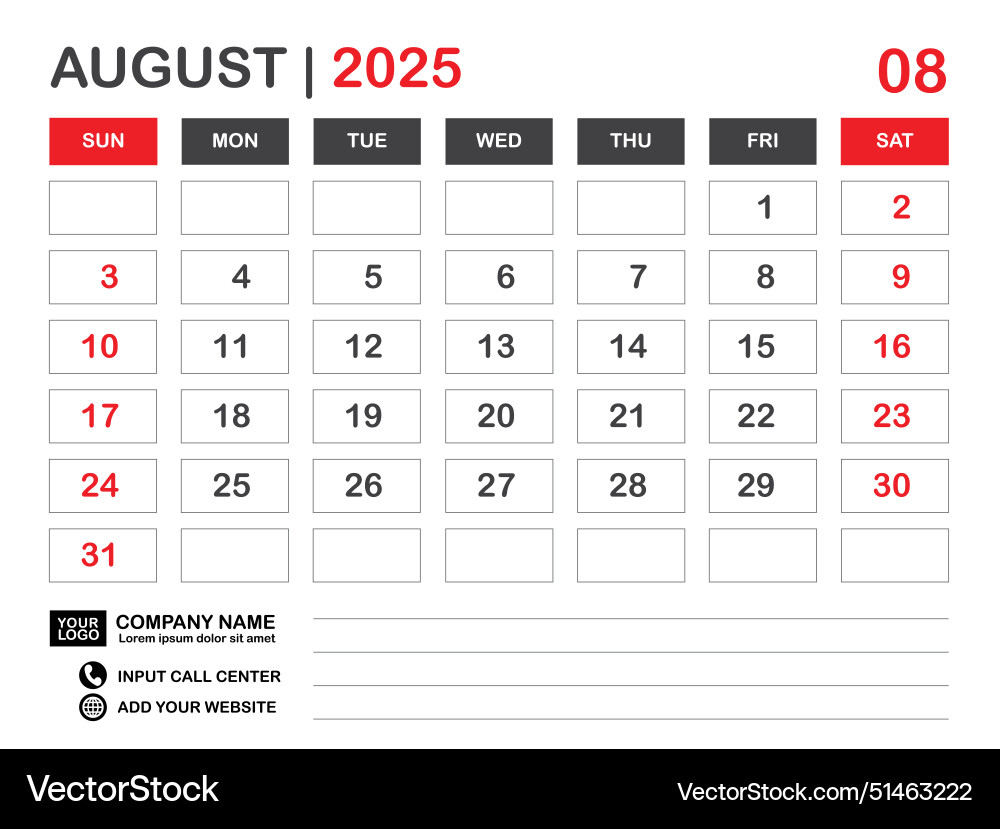 Calendar 2025 template august layout Royalty Free Vector