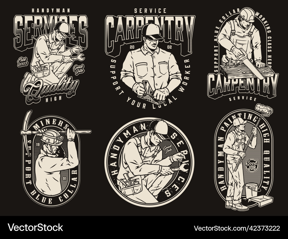 Carpentry and repair service patches set Vector Image