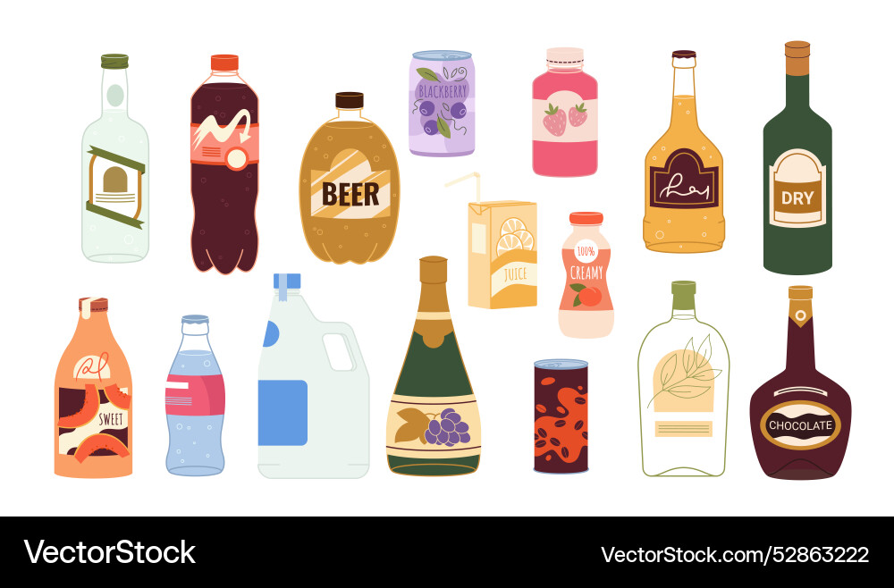 Different drink bottles set bar or store Vector Image