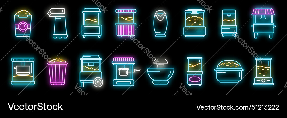 Popcorn maker machine icons set neon Royalty Free Vector
