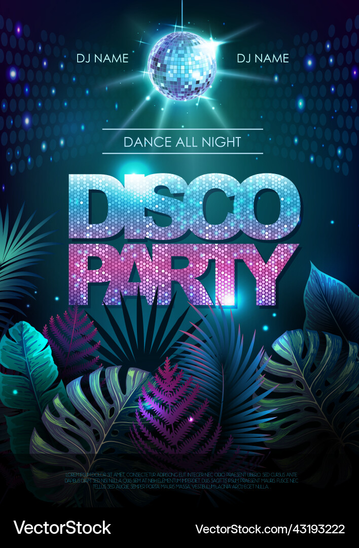 Summer disco party poster with tropic leaves Vector Image
