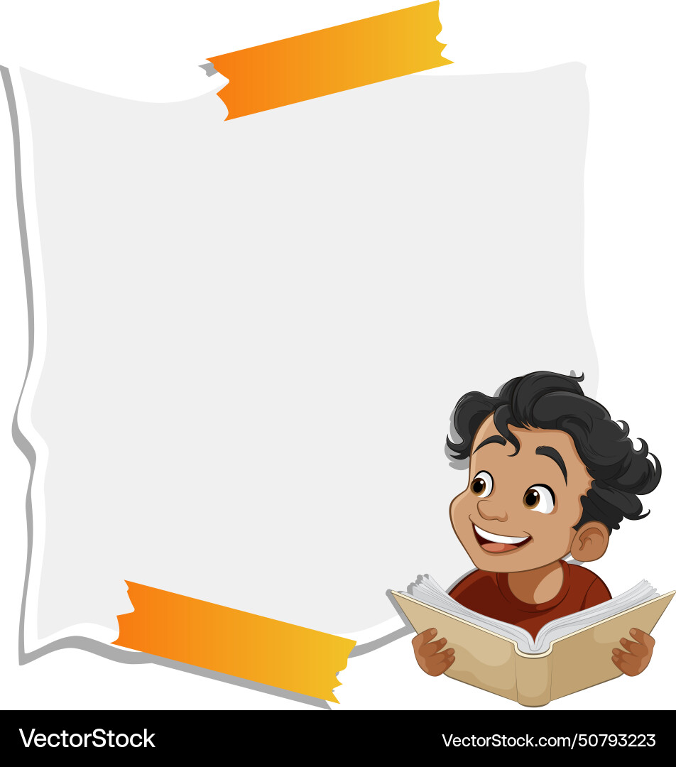 Cartoon boy smiling while reading an open book Vector Image