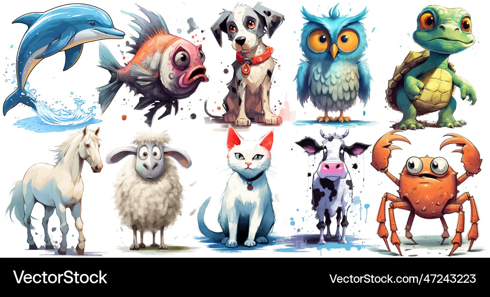 Cow dog cat horse sheep turtle crab owl Royalty Free Vector