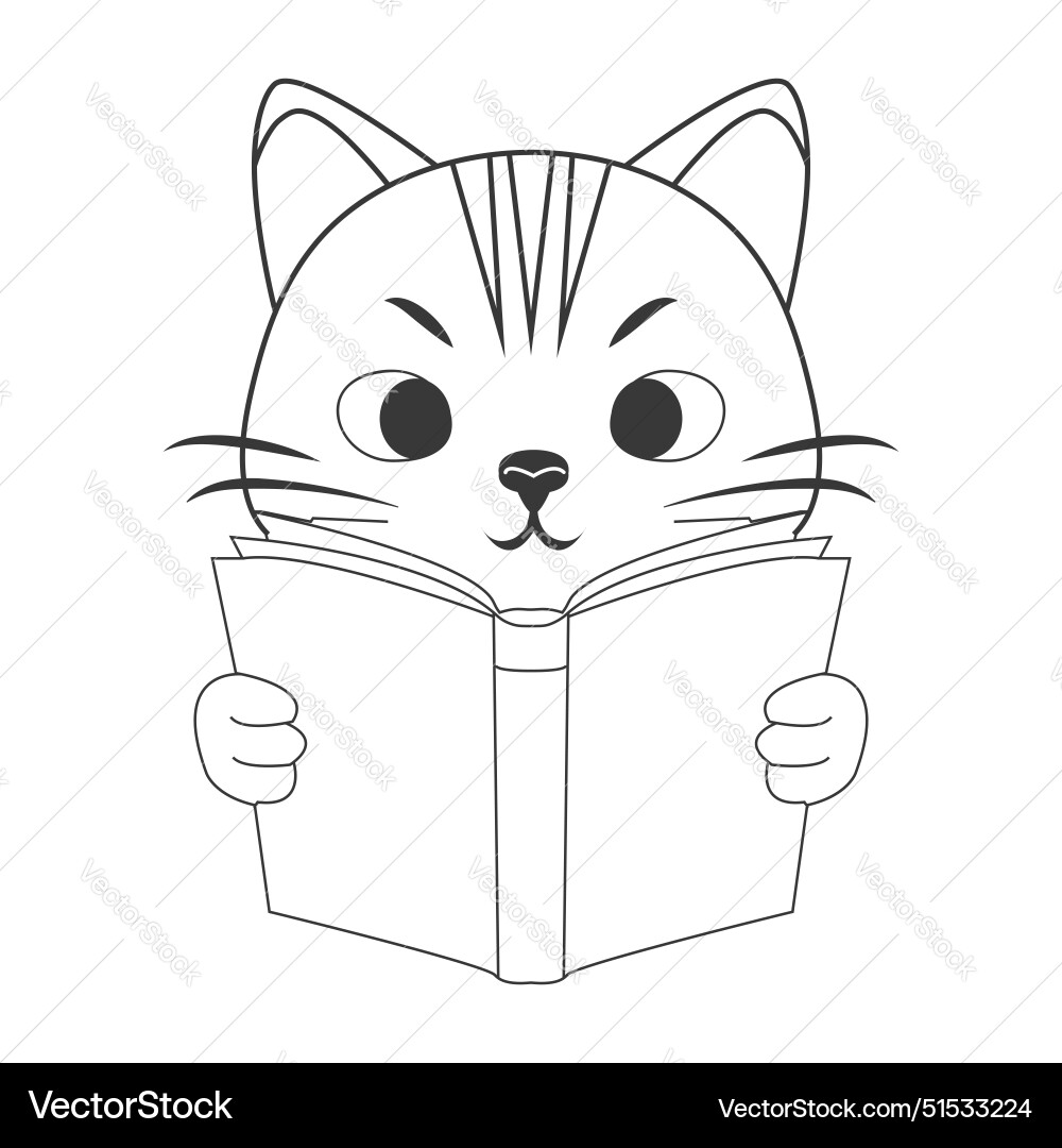 Cute cat reading book line drawing art Royalty Free Vector