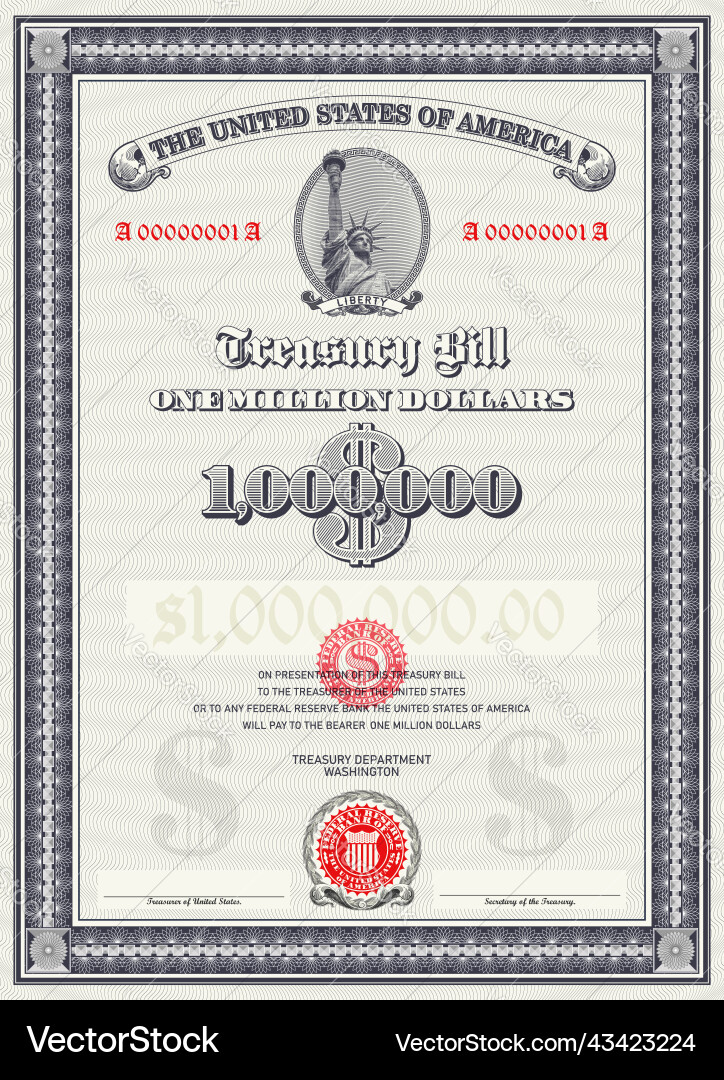 Fictional treasury bill worth one million us Vector Image