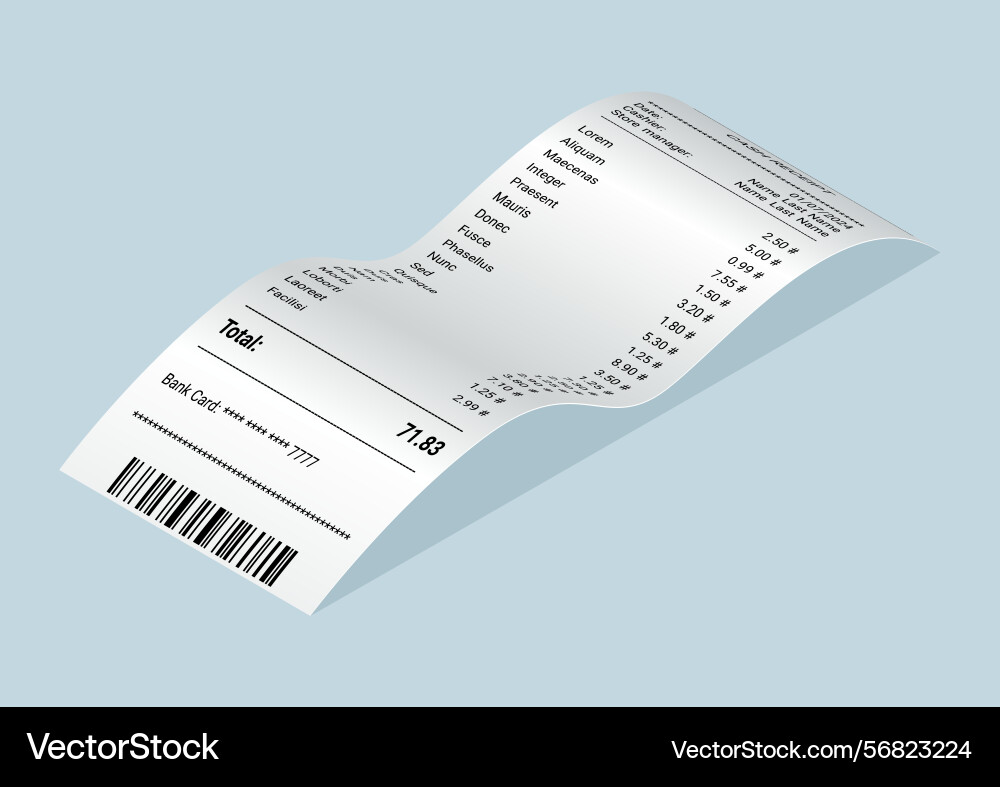 Payment check and receipts with shadow curved Vector Image