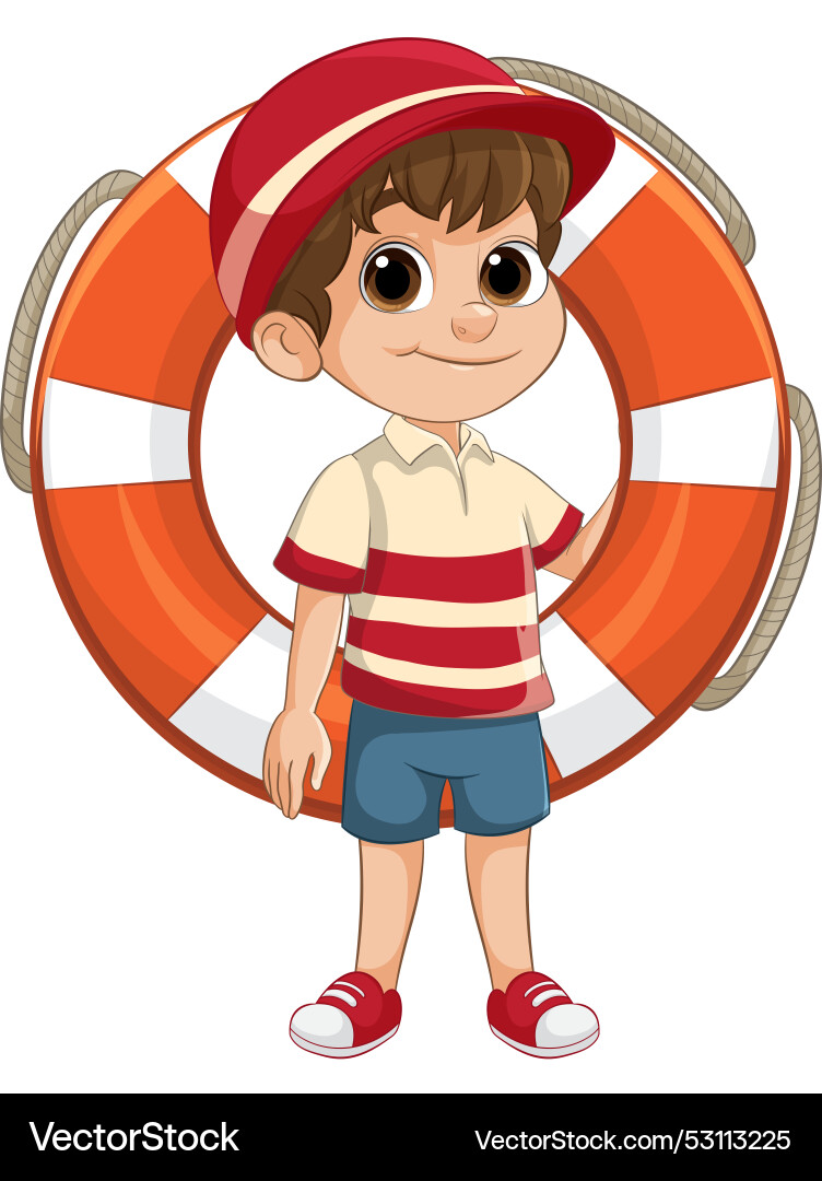 Young boy standing with a lifebuoy Royalty Free Vector Image