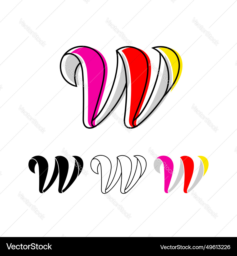 Colored curvy letter w handwritten script alphabet