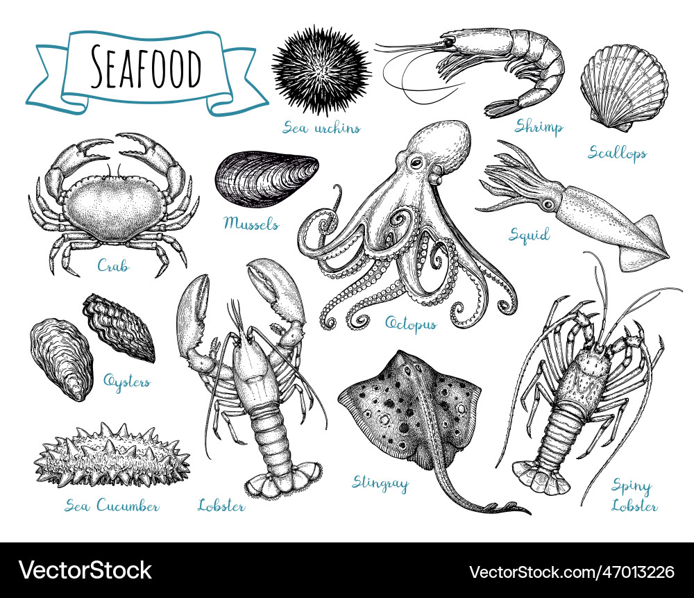 Seafood ink sketch set Royalty Free Vector Image