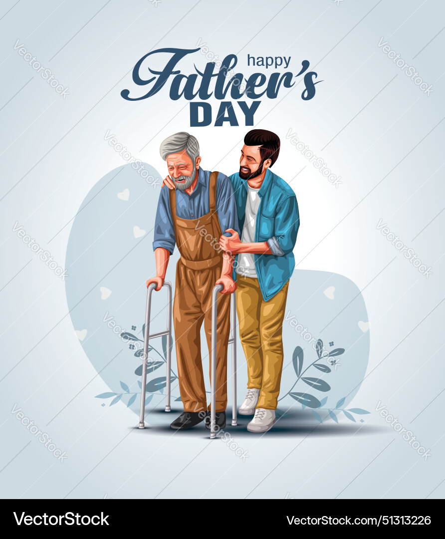 Son on his father helping to walking background Vector Image