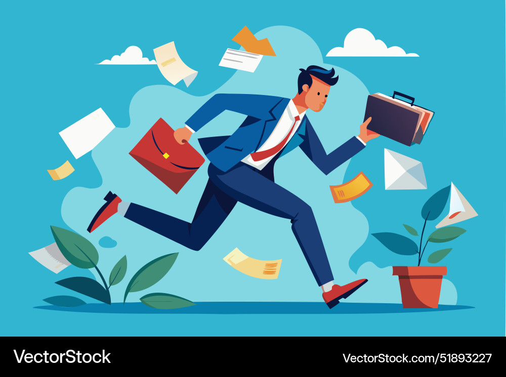 Businessman rushing through paperwork chaos Vector Image