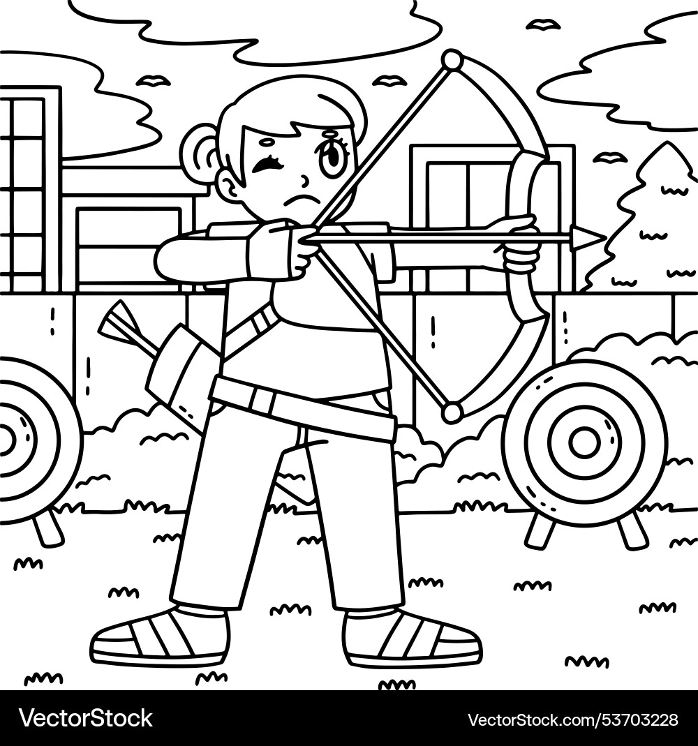 Archery female archer taking aim coloring page Vector Image