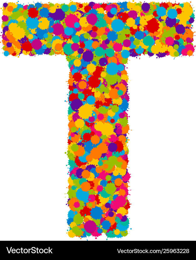Colorful paint splashes font letter t Royalty Free Vector