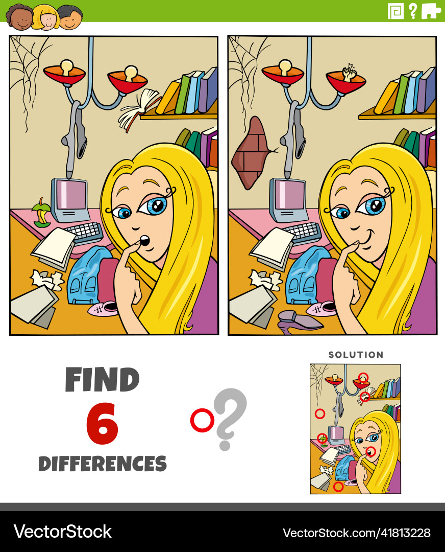 Differences task with cartoon girl and mess Vector Image