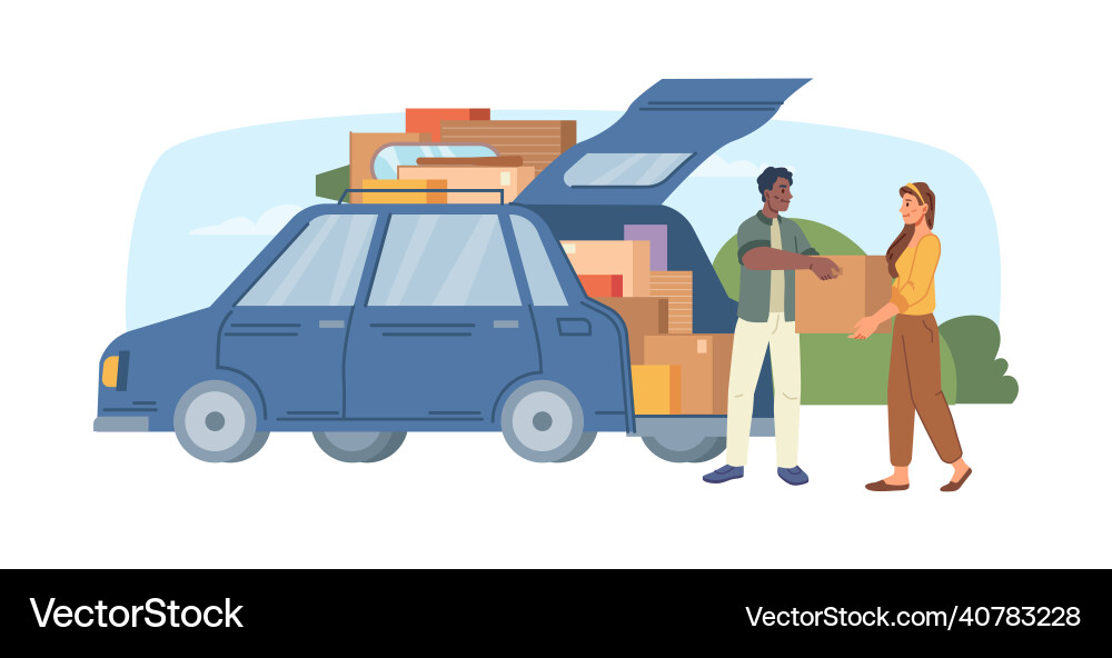 People load boxes in a minivan moving relocation Vector Image