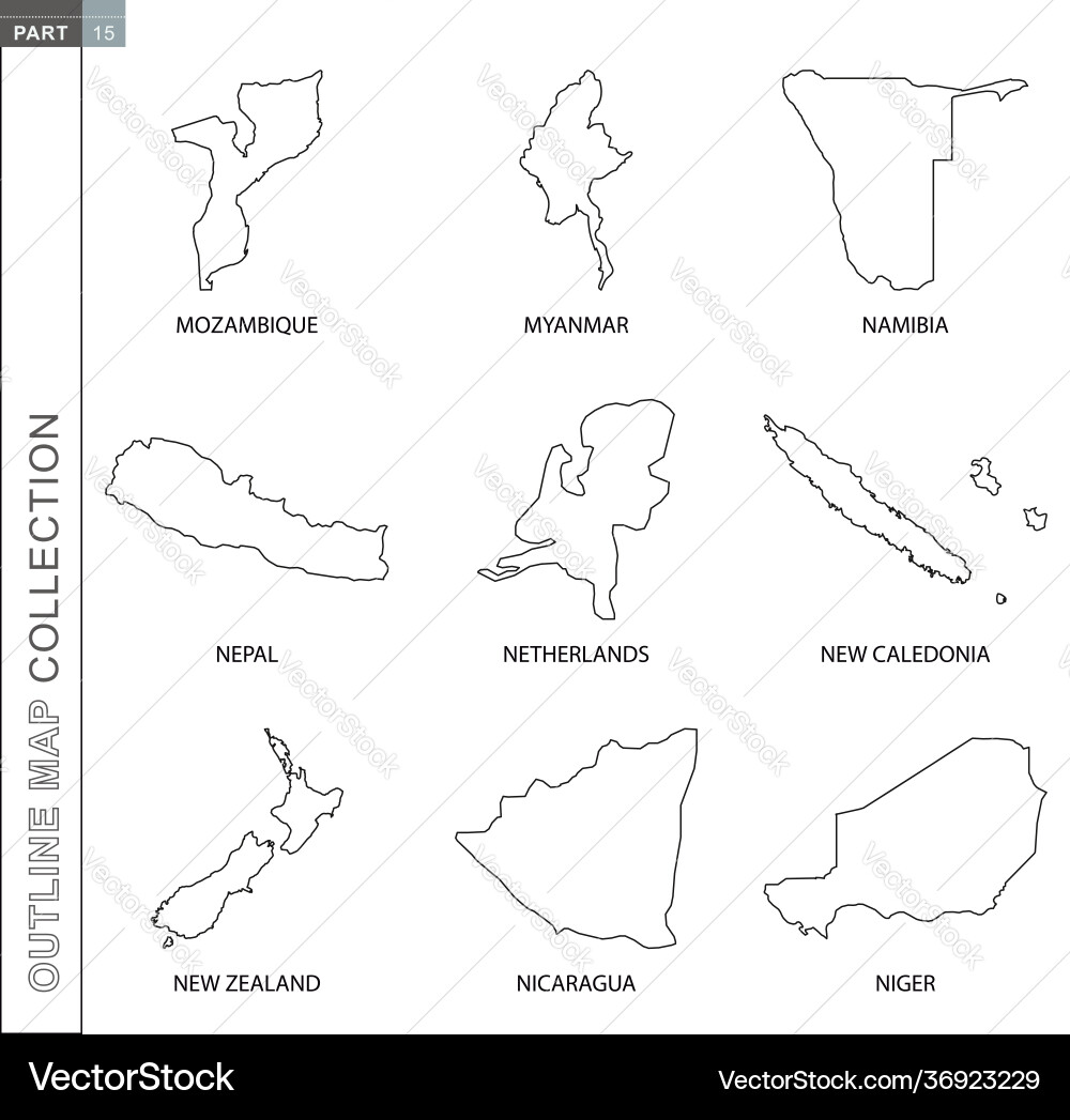 Outline maps collection nine black lined map Vector Image