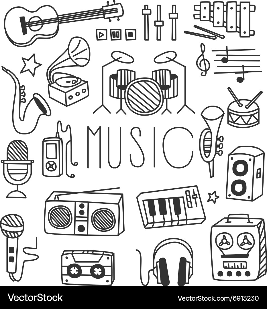 Musical instruments in handdrawn style Royalty Free Vector